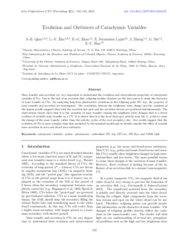 (PDF) Evolution and Outbursts of Cataclysmic Variables