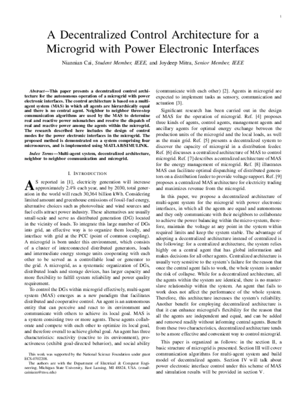 (PDF) A decentralized control architecture for a microgrid with power electronic interfaces