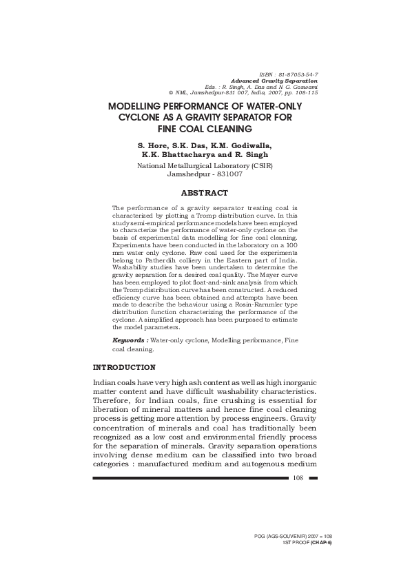 (PDF) Modelling Performance of Water-Only Cyclone as a Gravity ...