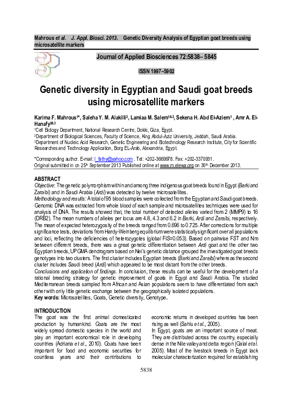 (PDF) Genetic diversity in Egyptian and Saudi goat breedsusing microsatellite markers