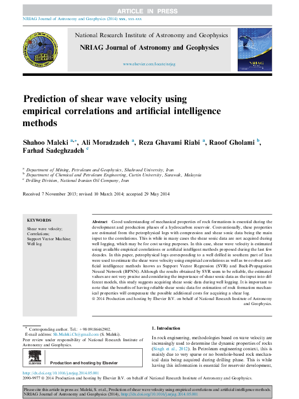 (PDF) Prediction of shear wave velocity using empirical correlations and artificial intelligence ...