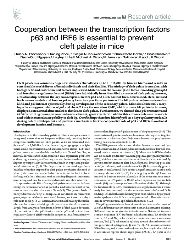 (PDF) Cooperation between the transcription factors p63 and IRF6 is ...