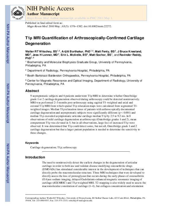 (PDF) T1ρ MRI quantification of arthroscopically confirmed cartilage ...