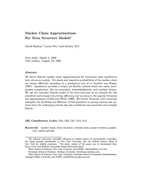 (PDF) Markov Chain Approximations For Term Structure Models