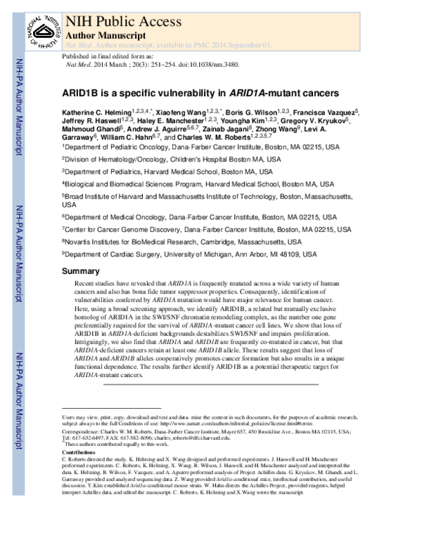 (PDF) ARID1B is a specific vulnerability in ARID1A-mutant cancers