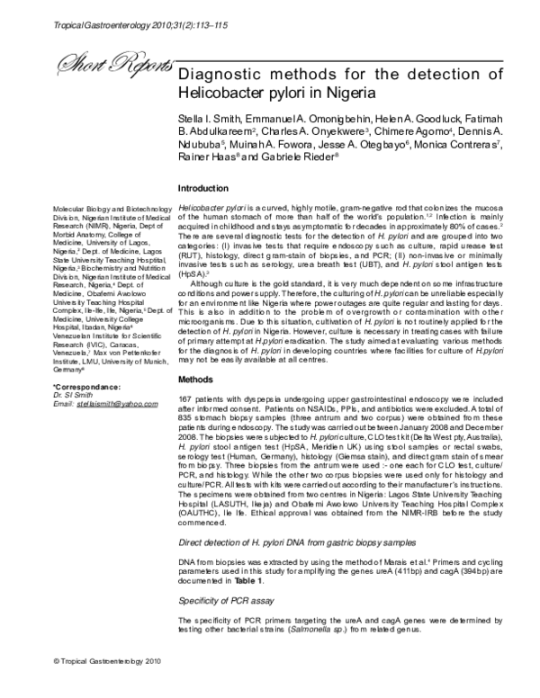 (PDF) Diagnostic methods for the detection of Helicobacter pylori in ...