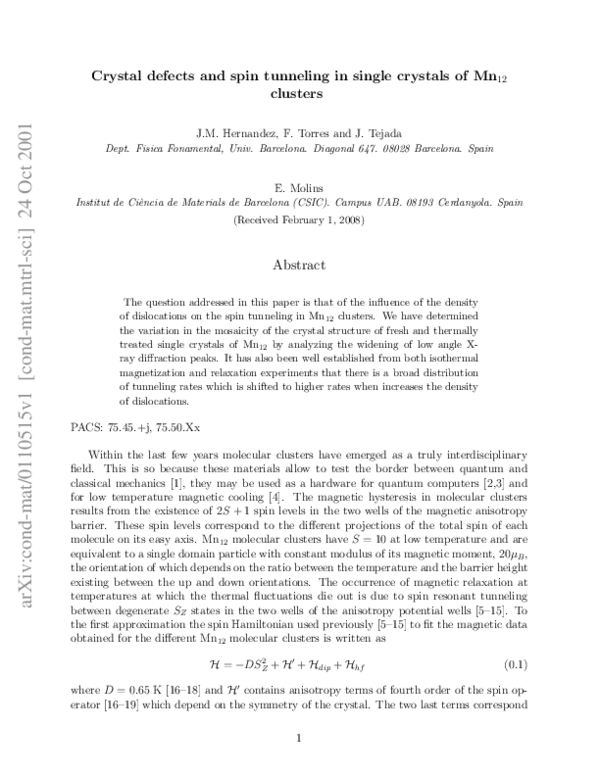 (PDF) Crystal defects and spin tunneling in single crystals of Mn12 ...