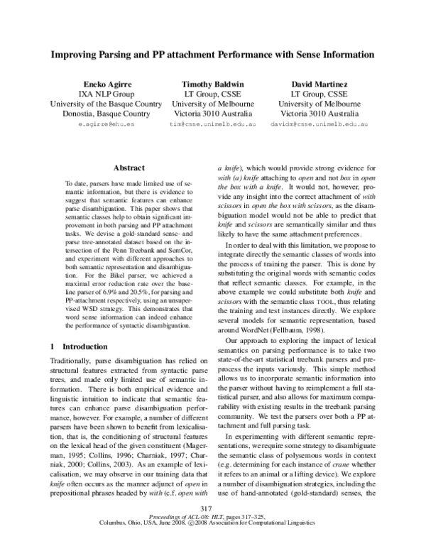 (PDF) Improving parsing and PP attachment performance with sense information