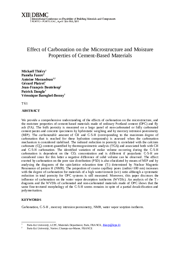 (PDF) Effect of carbonation on the microstructure and moisture properties of cement-based materials