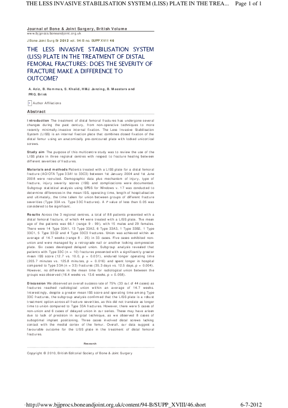(PDF) The Less Invasive Stabilisation System (Liss) Plate in the ...