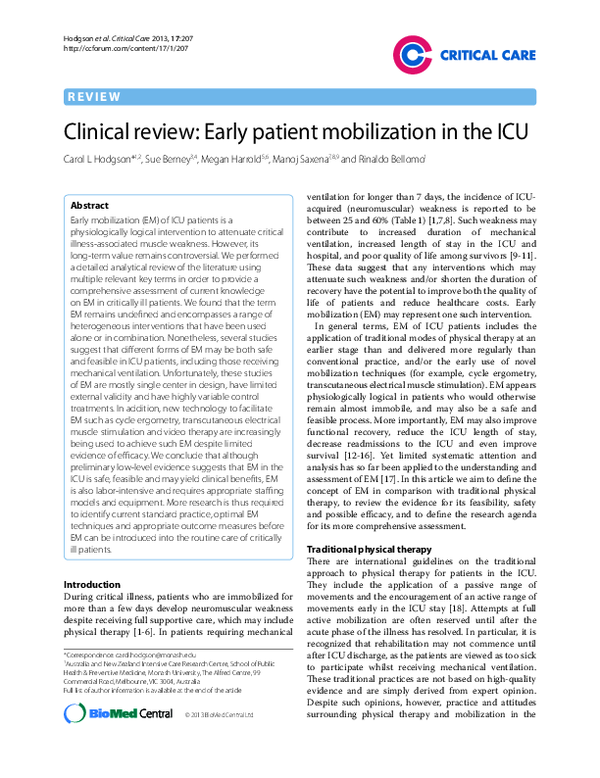 (PDF) Clinical review: Early patient mobilization in the ICU