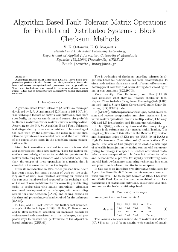 Pdf Algorithm Based Fault Tolerant Matrix Operations For Parallel And Distributed Systems