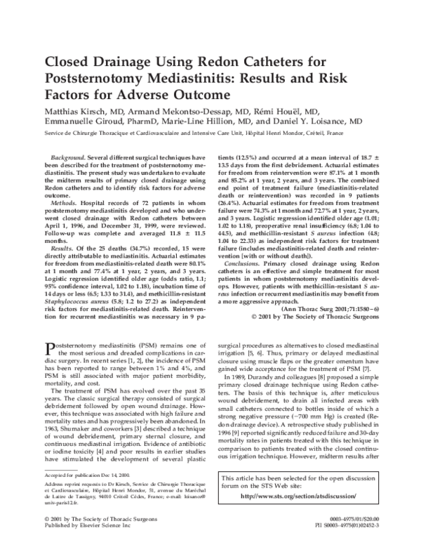 (PDF) Closed drainage using redon catheters for poststernotomy ...