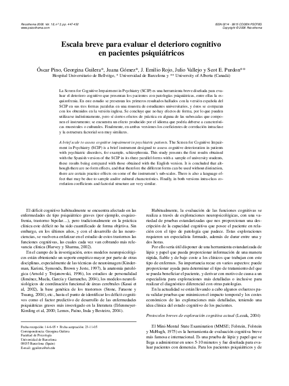 (PDF) A brief scale to assess cognitive impairment in psychiatric patients