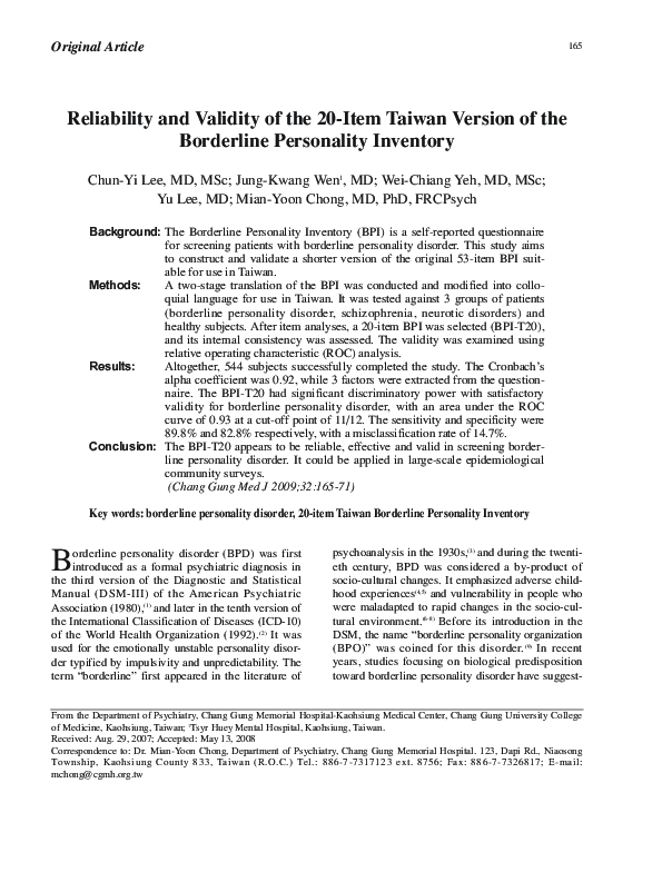 (PDF) Reliability and validity of the 20-item taiwan version of the ...