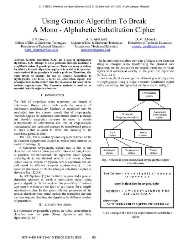 (PDF) Using Genetic Algorithm to break a mono - alphabetic substitution cipher
