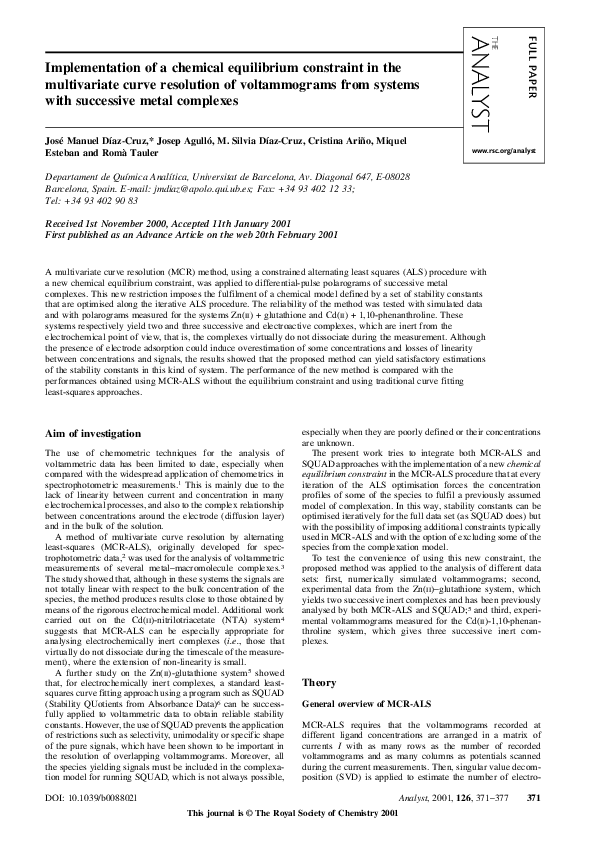 (PDF) Implementation of a chemical equilibrium constraint in the multivariate curve resolution ...
