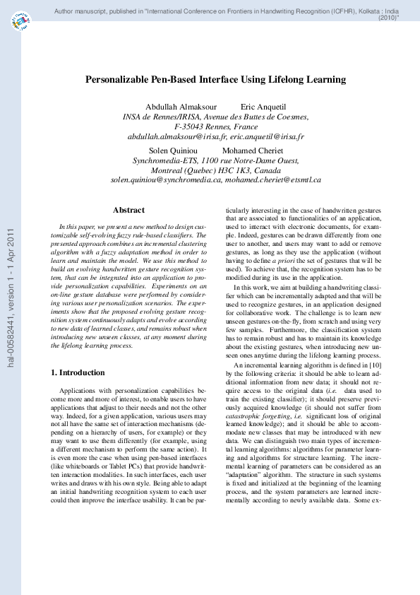 (PDF) Personalizable Pen-Based Interface Using Lifelong Learning | Éric ...