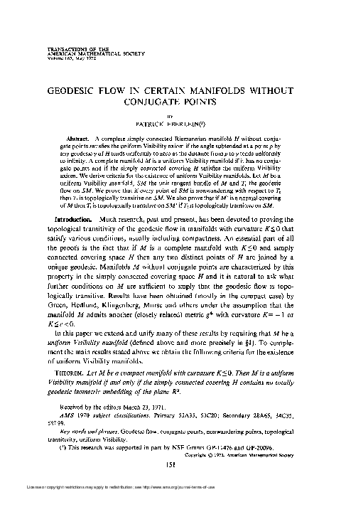 Pdf Geodesic Flow In Certain Manifolds Without Conjugate Points