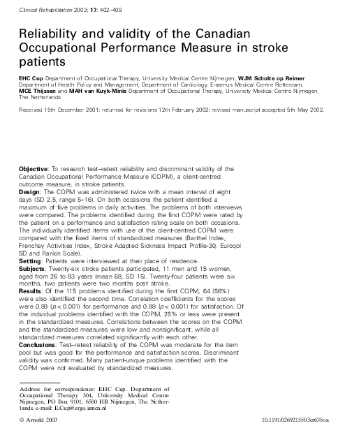 (PDF) Reliability and validity of the Canadian Occupational Performance ...