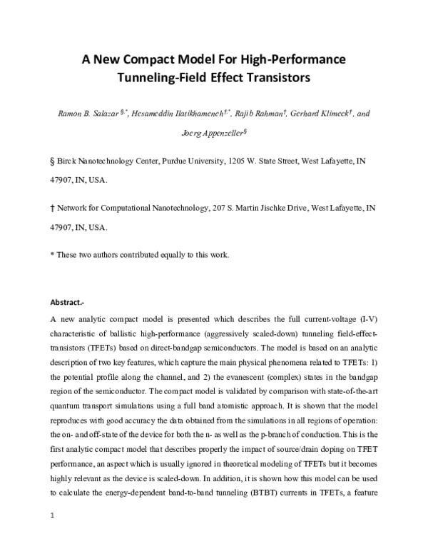(PDF) A New Compact Model For High-Performance Tunneling-Field Effect Transistors