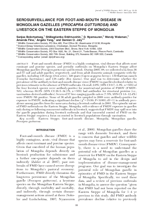 (PDF) Serosurveillance for Foot-And-Mouth Disease in Mongolian Gazelles ...