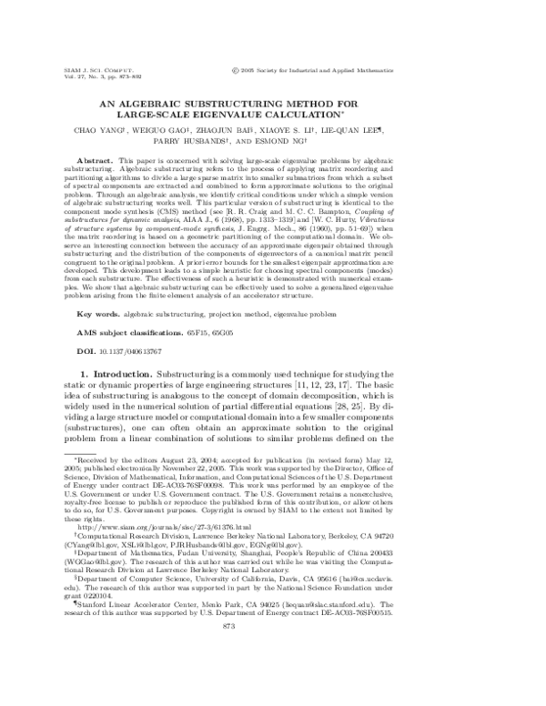 Pdf An Algebraic Substructuring Method For Large Scale Eigenvalue Calculation Lie Quan Lee