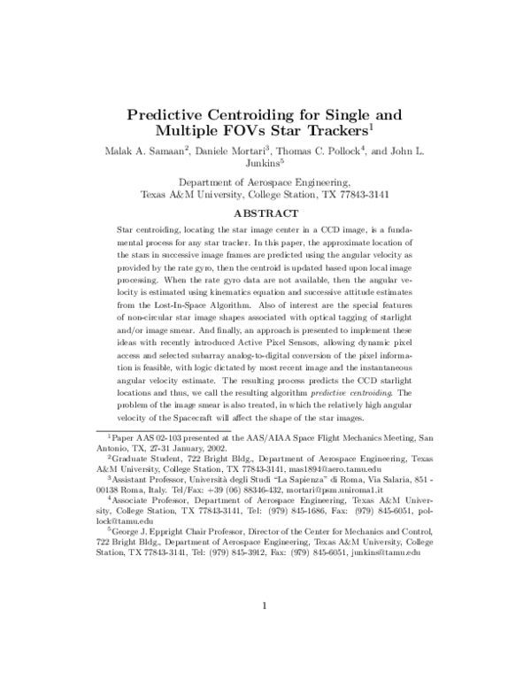 (PDF) Predictive centroiding for single and multiple FOVs star trackers