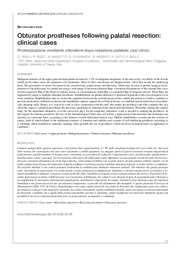 (PDF) Obturator prostheses following palatal resection: clinical cases