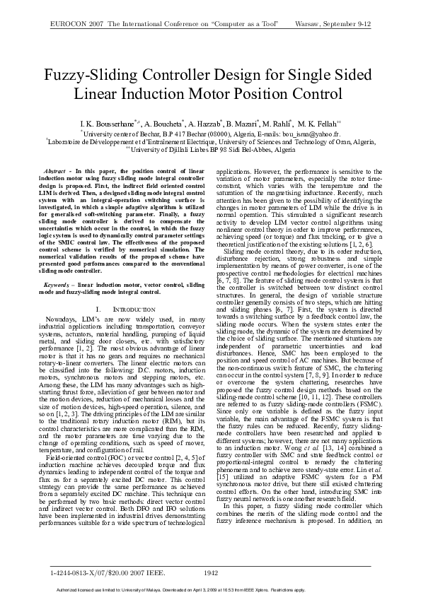 Pdf Fuzzy Sliding Controller Design For Single Sided Linear Induction Motor Position Control