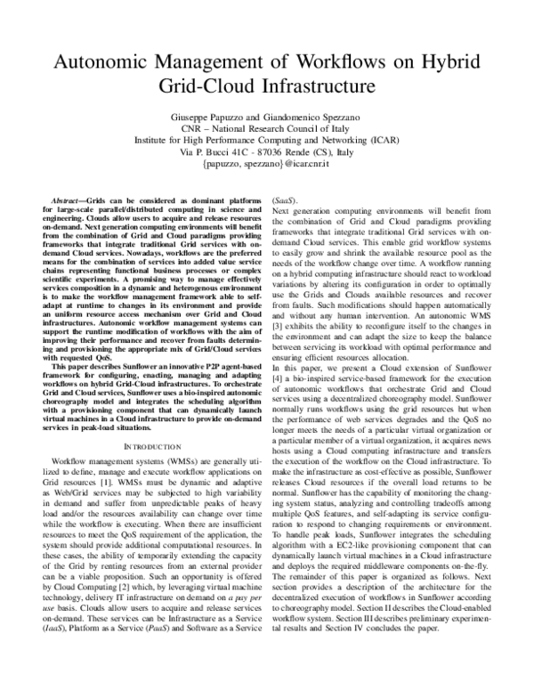 (PDF) Autonomic management of workflows on hybrid grid-cloud infrastructure