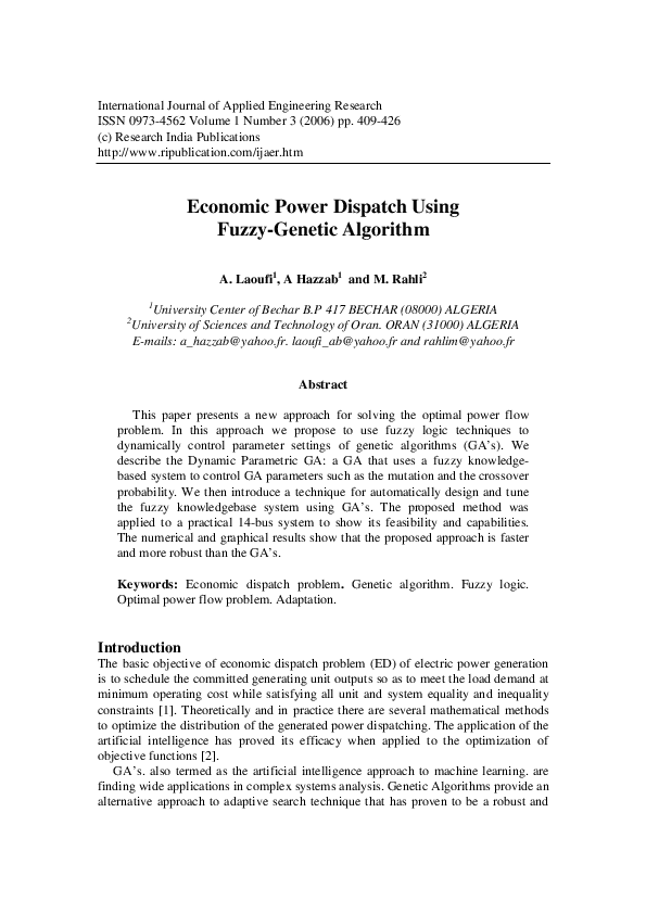 Pdf Economic Power Dispatch Using Fuzzy Genetic Algorithm M Rahli