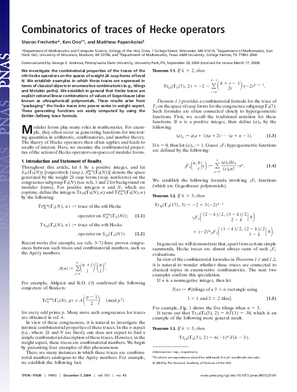 Pdf Combinatorics Of Traces Of Hecke Operators Ken Ono
