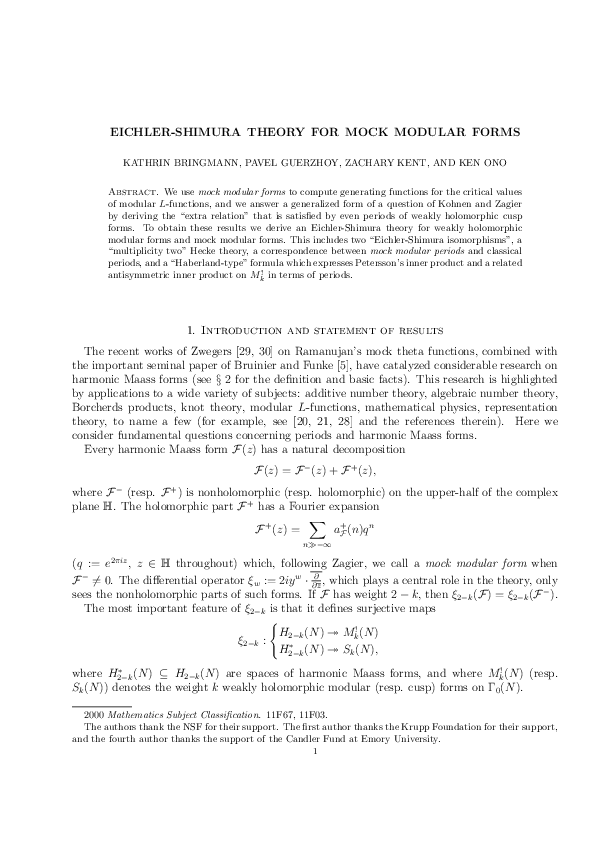 (PDF) Eichler–Shimura theory for mock modular forms