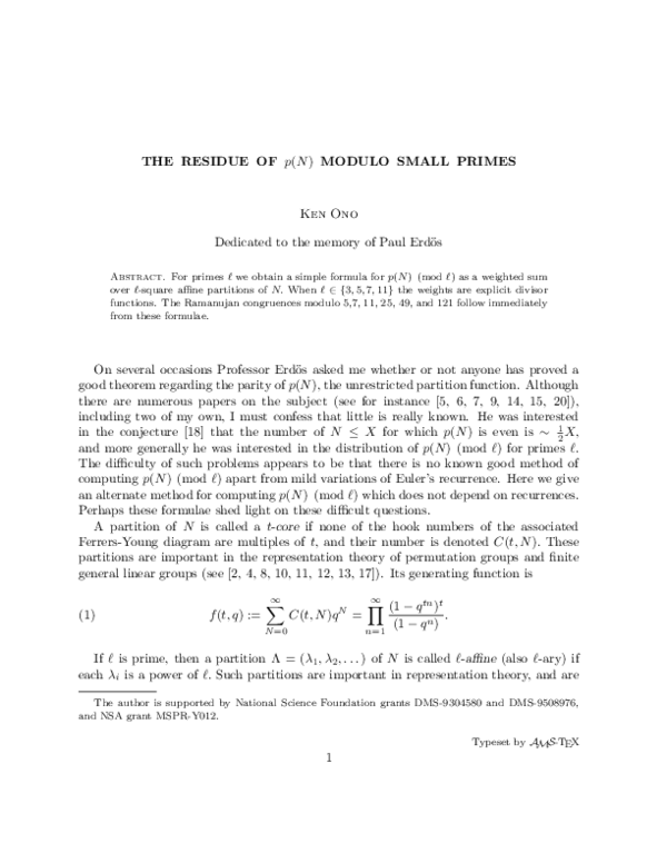 (PDF) THE RESIDUE OF p(N) MODULO SMALL PRIMES | Ken Ono - Academia.edu