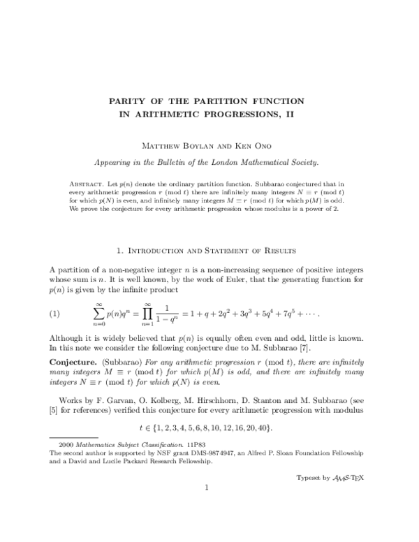 (PDF) The partition function in arithmetic progressions