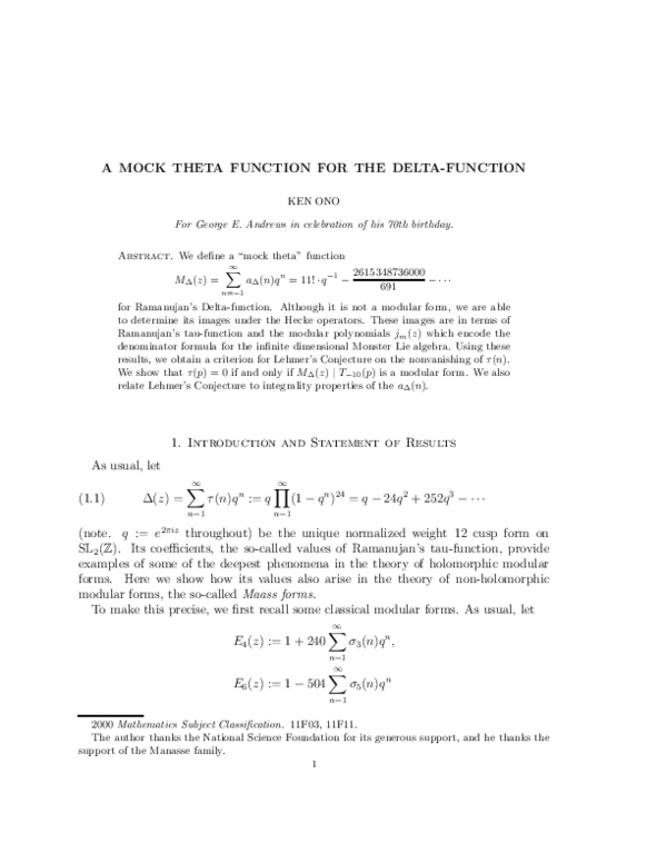 (PDF) A Mock Theta Function for the Delta-function | Ken Ono - Academia.edu
