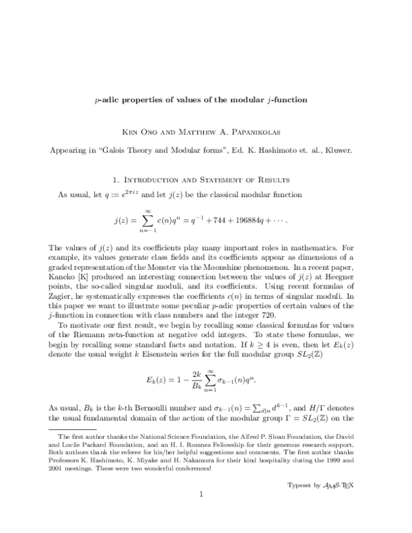 Pdf P Adic Properties Of Values Of The Modular J Function Ken Ono