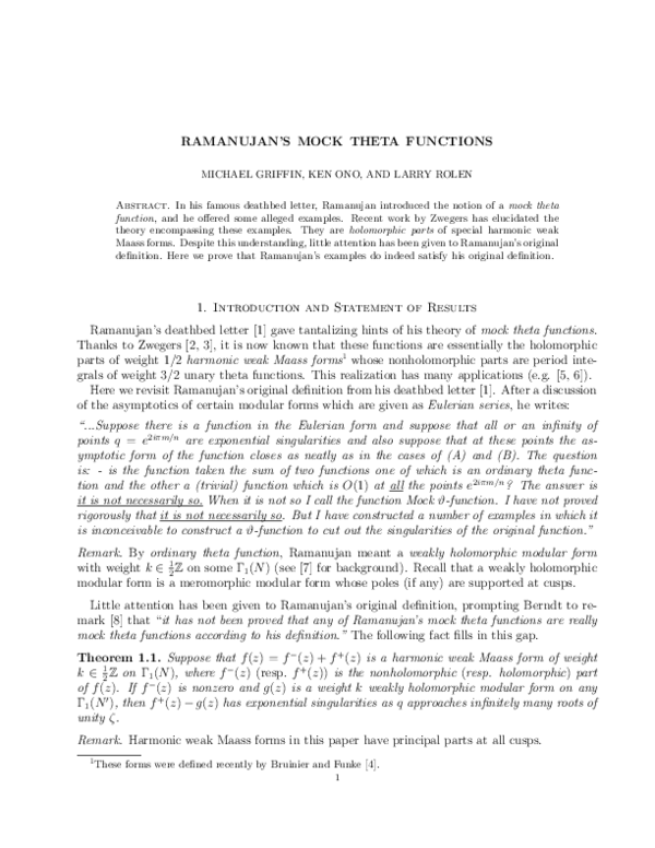 Pdf Ramanujans Mock Theta Functions