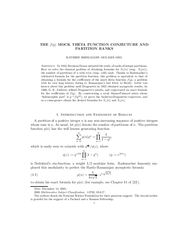 Pdf The F Q Mock Theta Function Conjecture And Partition Ranks