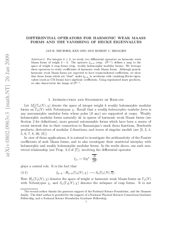 (PDF) Differential operators for harmonic weak Maass forms and the vanishing of Hecke eigenvalues