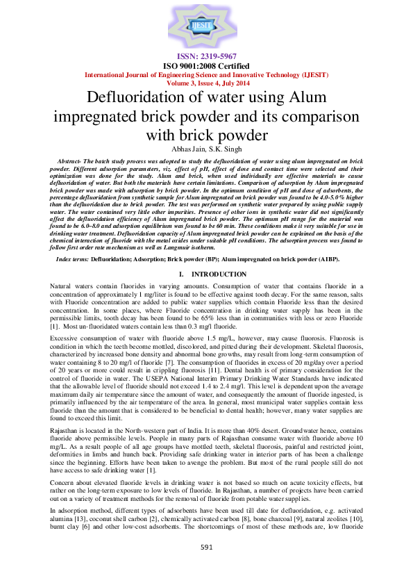 (PDF) Defluoridation of water using Alum impregnated brick powder and ...