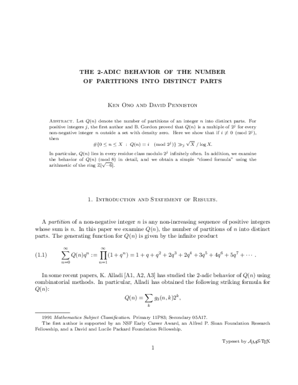 (PDF) The 2-Adic Behavior of the Number of Partitions into Distinct Parts | Ken Ono - Academia.edu