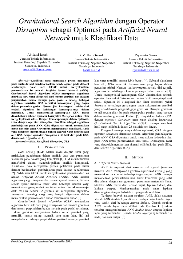 Pdf Gravitational Search Algorithm Dengan Operator Disruption Sebagai Optimasi Pada Artificial