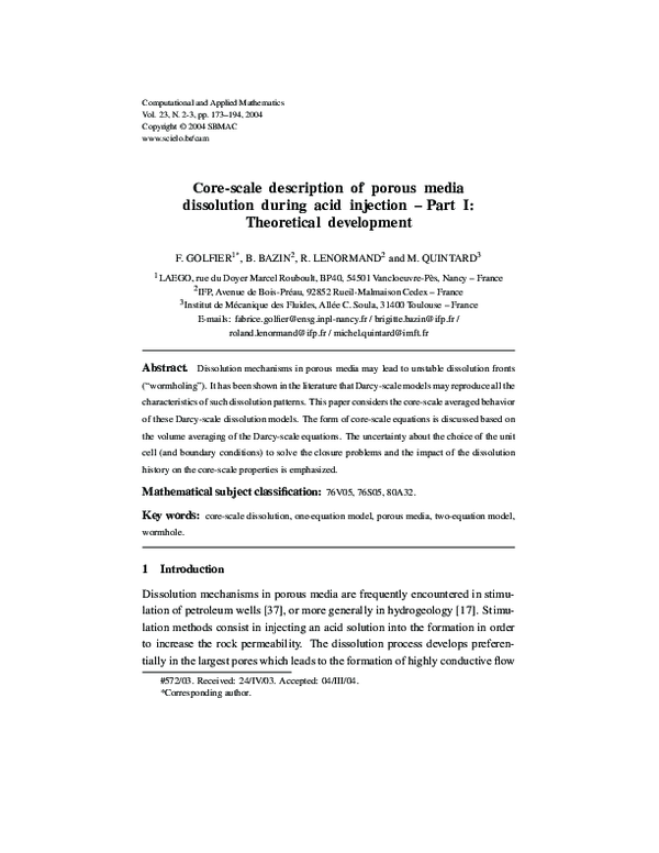 (PDF) Core-scale description of porous media dissolution during acid ...