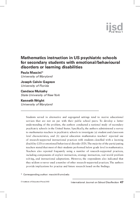 (PDF) Mathematics instructional practices in psychiatric schools for ...