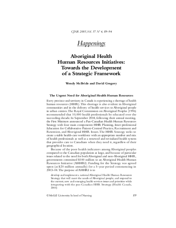 (PDF) Aboriginal Health Human Resources Initiatives: towards the ...