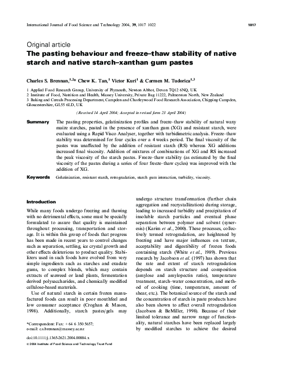 (PDF) The pasting behaviour and freeze-thaw stability of native starch ...