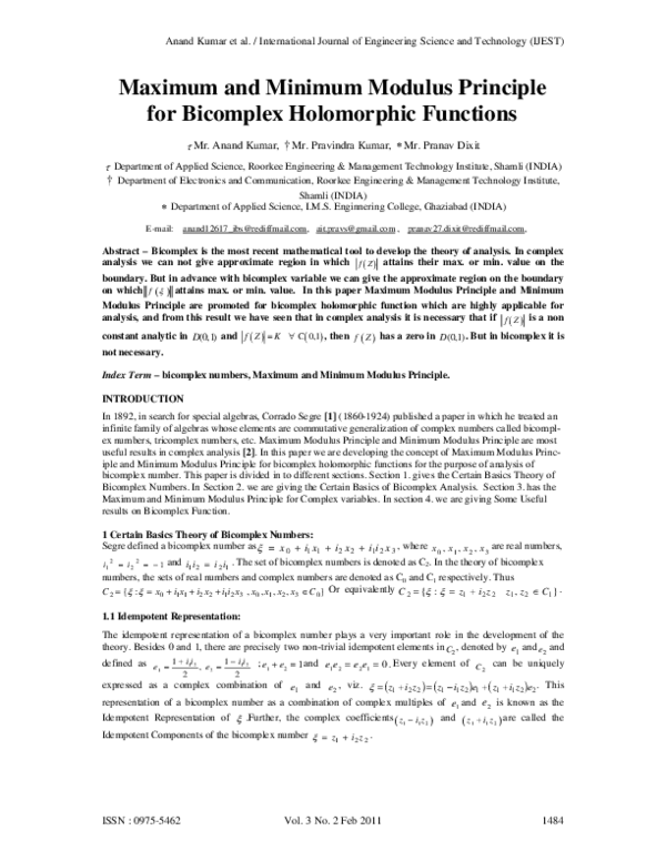 (PDF) Maximum and Minimum Modulus Principle for Bicomplex Holomorphic Functions | pravindra ...