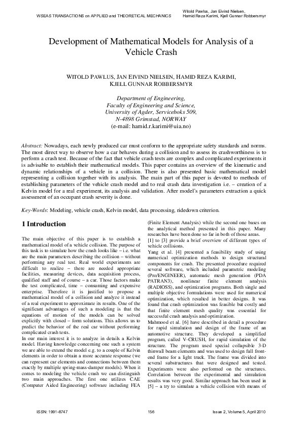 (PDF) Development of mathematical models for analysis of a vehicle crash